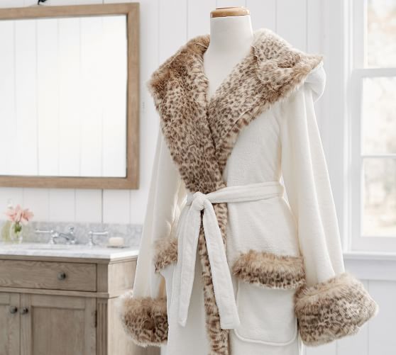 Hooded Faux Fur Bath Robe - Dune Leopard | Pottery Barn