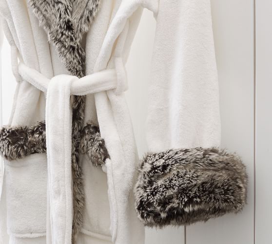 Faux Fur Hooded Bath Robe - White/Gray Ombre | Pottery Barn